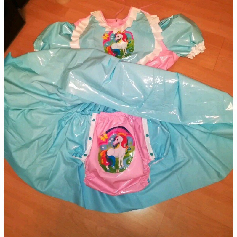 Adult Kleid Windelhose Gummihose Sissy PVC LACK Diaper Plastik EINHORN XL